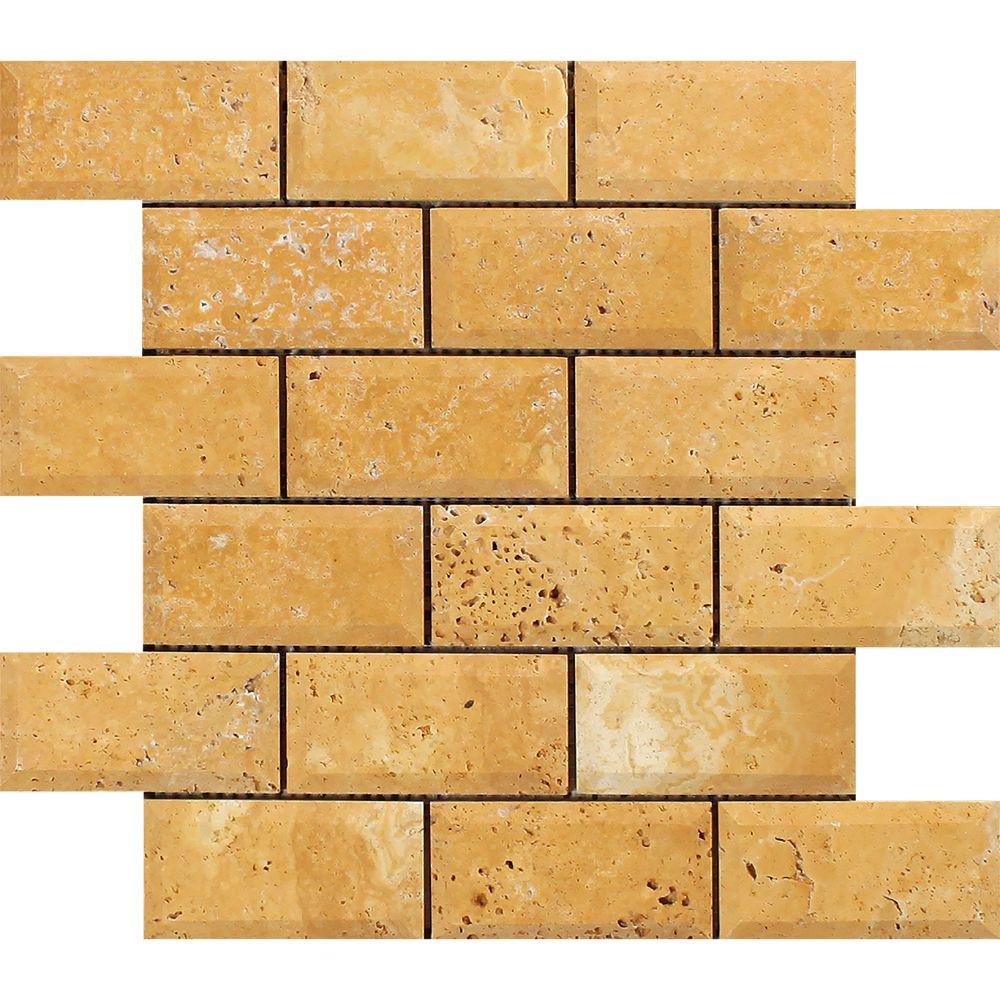 2x4 Honed Gold Travertine Deep-Beveled Brick Mosaic Tile ...